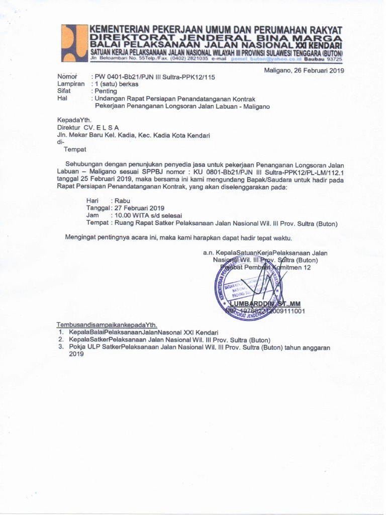 Undangan Rapat Persiapan Penandatanganan Kontrak Pekerjaan Penanganan ...