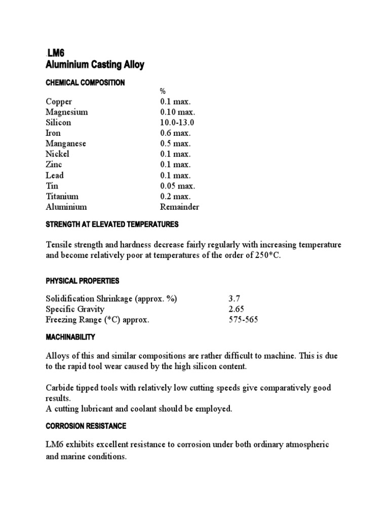 LM6 Aluminium Casting Alloy: Chemical Composition | PDF | Casting ...