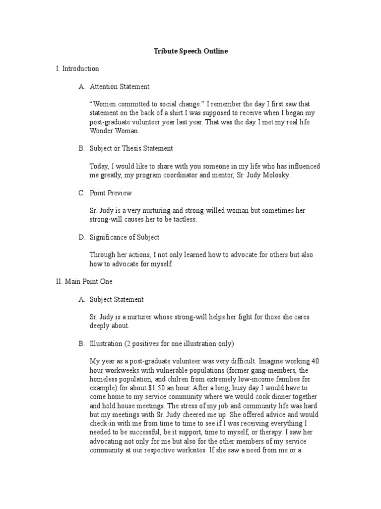 Tribute Speech Outline | Download Free PDF | Psychology | Behavioural ...