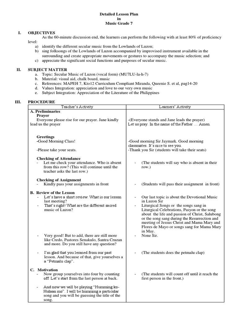 Detailed Lesson Plan | PDF | Lesson Plan | Prayer