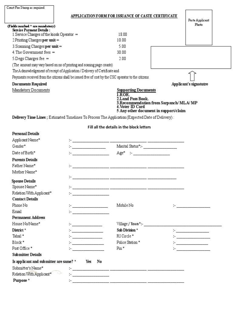Application Form For Issuance of Caste Certificate: (Fields Marked Are ...