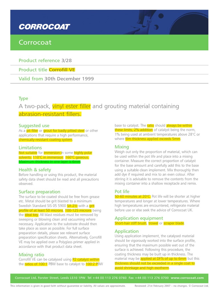 Corrofill VE Datasheet | PDF | Solid | Temperature
