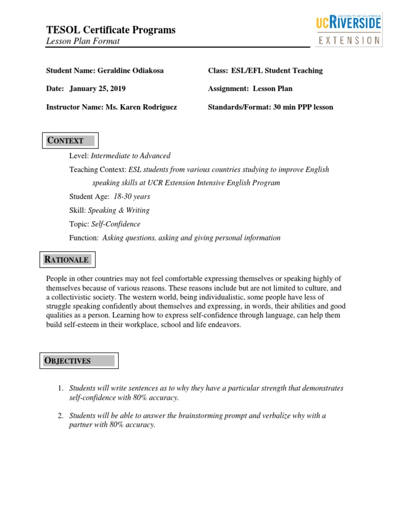 TESOL Certificate Programs: Lesson Plan Format | PDF | English As A ...