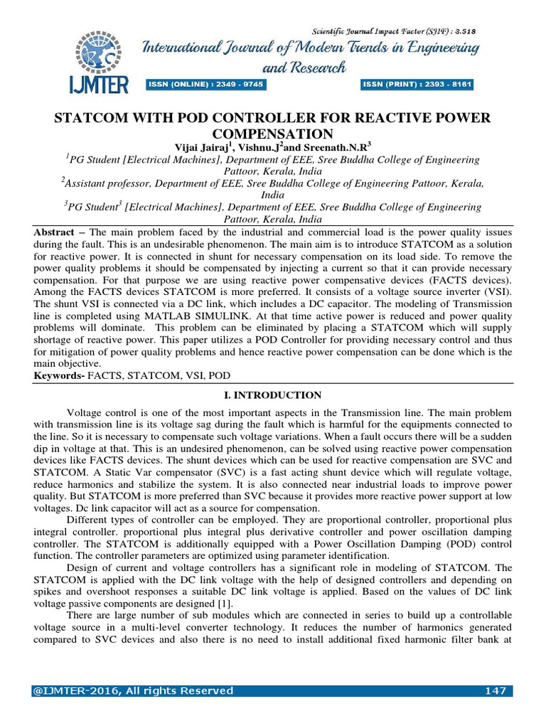 Statcom With Pod Controller For Reactive Power Compensation | PDF | Ac Power | Electric Power