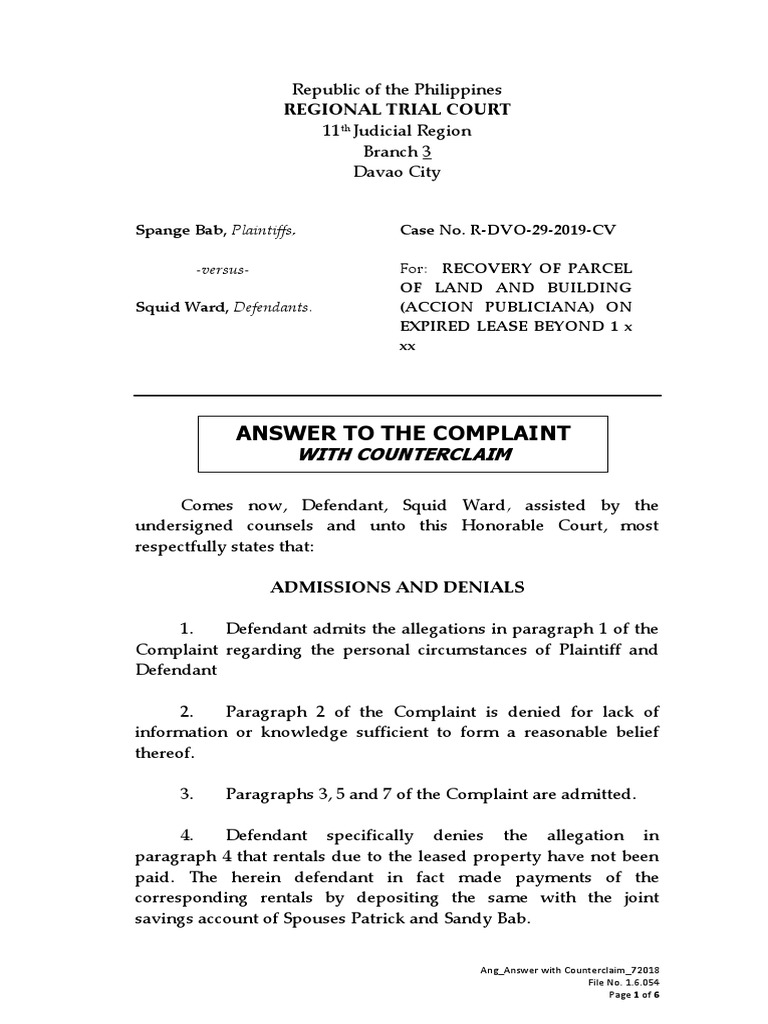Answer With Counterclaim Draft | PDF | Lease | Lawsuit