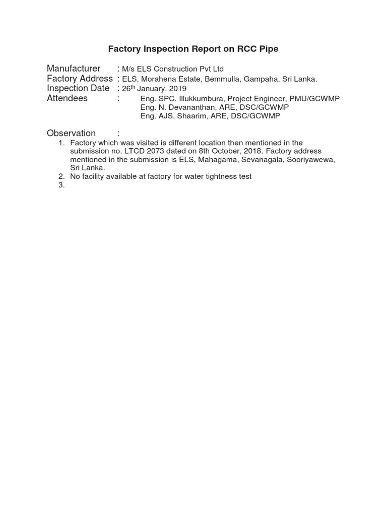 Factory Inspection Report On RCC Pipe | PDF