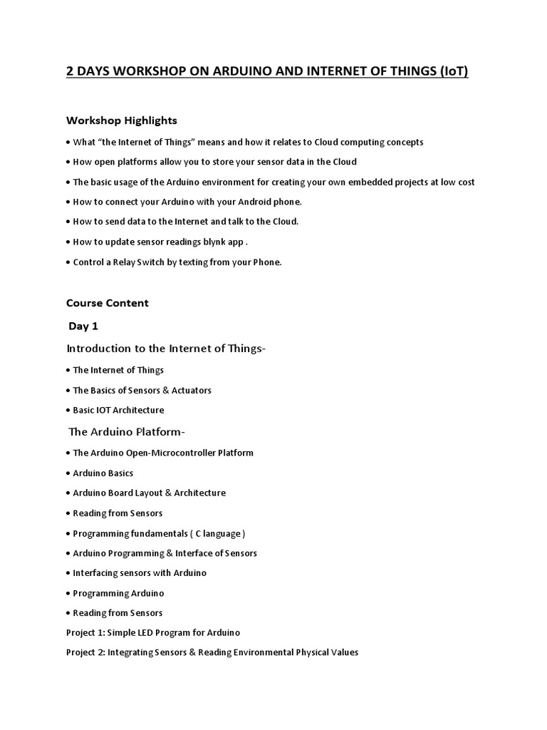 2 Days Workshop On Arduino and Internet of Things | PDF | Internet Of ...