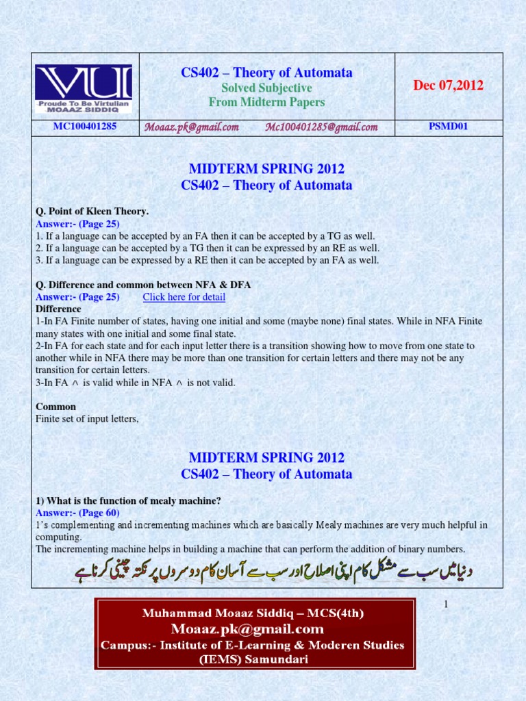Theory Of Automata Cs402 Spring 2012 Mid Term Paper Pdf Discrete Mathematics Artificial