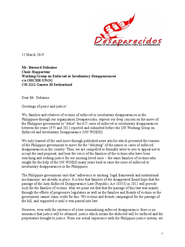 Desaparecidos Letter To UN WGEID 15 March 2019 On The Delisting of ...