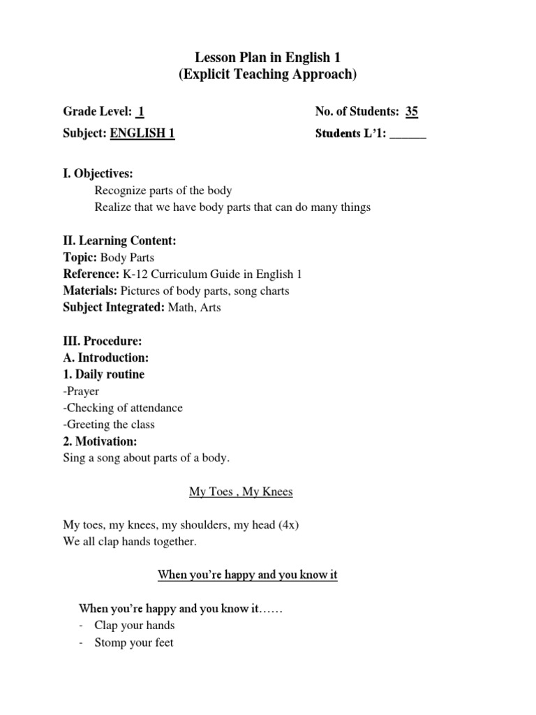 Explicit Lesson Plan in English | PDF | Language Arts & Discipline