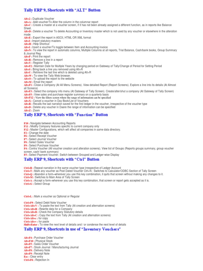 Tally Erp 9 Shortcut Key | PDF | Voucher | Keyboard Shortcut