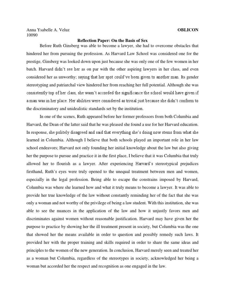 Reflection Paper On The Basis Of Sex Pdf Lawyer Sociological Theories