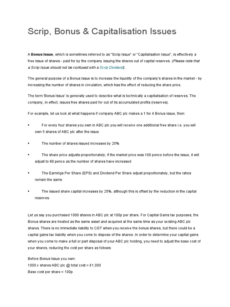 Scrip, Bonus & Capitalisation Issues: A Scrip Issue Should Not Be ...
