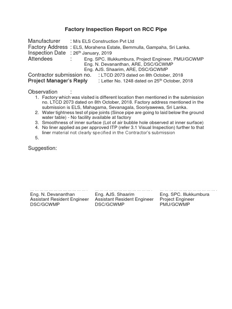 Factory Inspection Report On RCC Pipe | PDF
