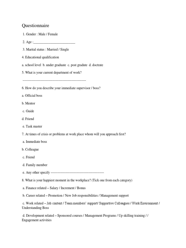 Employee Satisfaction Questionnaire | PDF | Behavior Modification ...