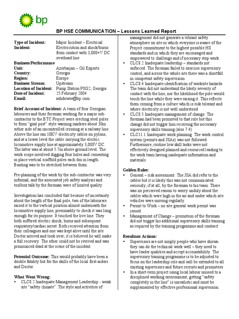 BP HSE Lessons Learned Report | PDF | Leadership | Risk