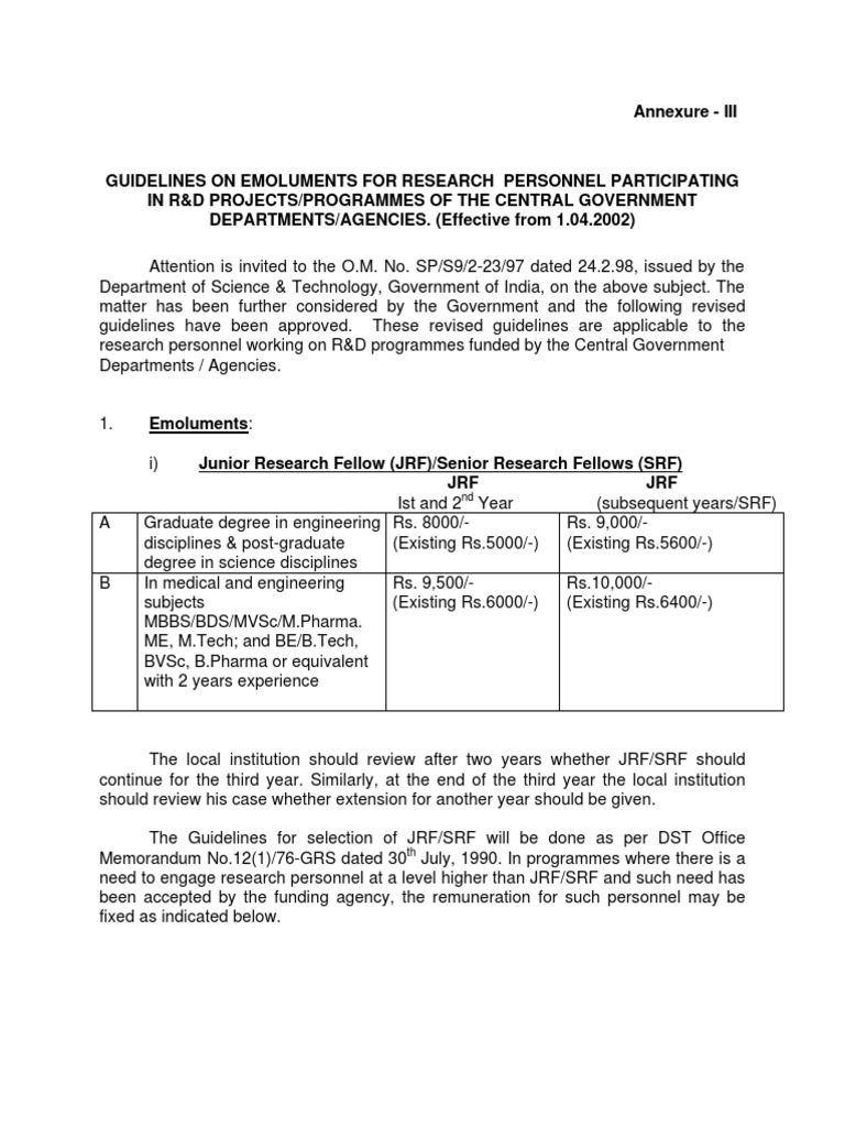 Annexure - III Guidelines On Emoluments For Research ... | PDF ...