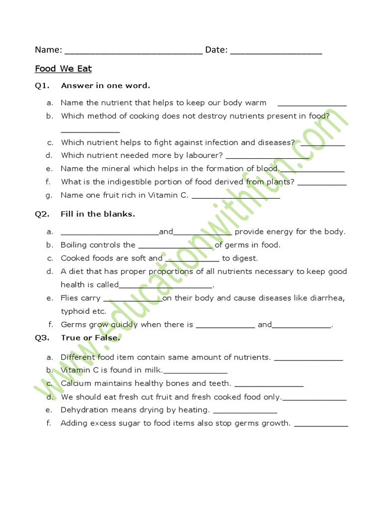 Food We Eat Worksheet 1 | PDF