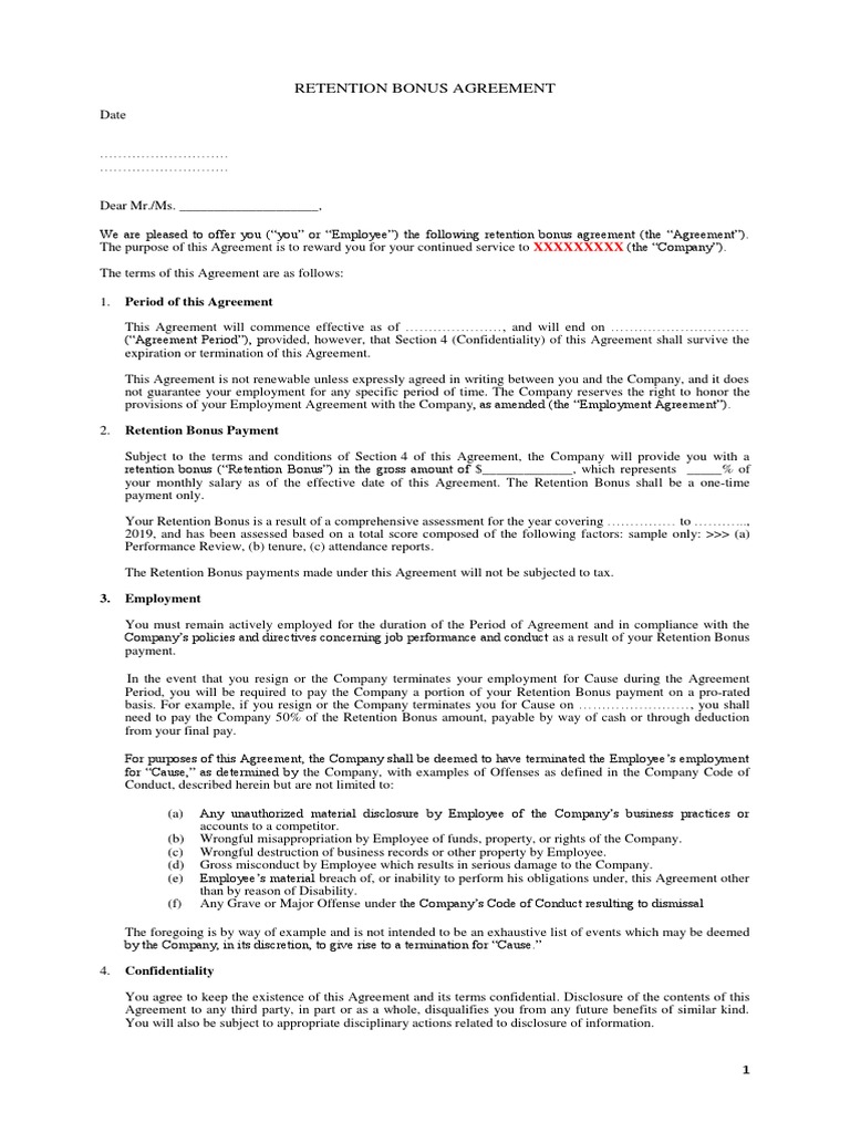 Retention Bonus Agreement - Template | PDF | Employment | Private Law