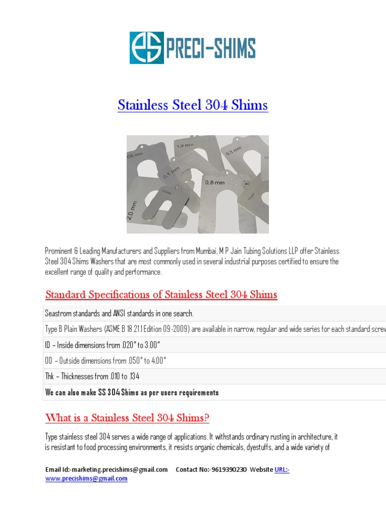 Standard Specifications of Stainless Steel 304 Shims | PDF | Stainless ...