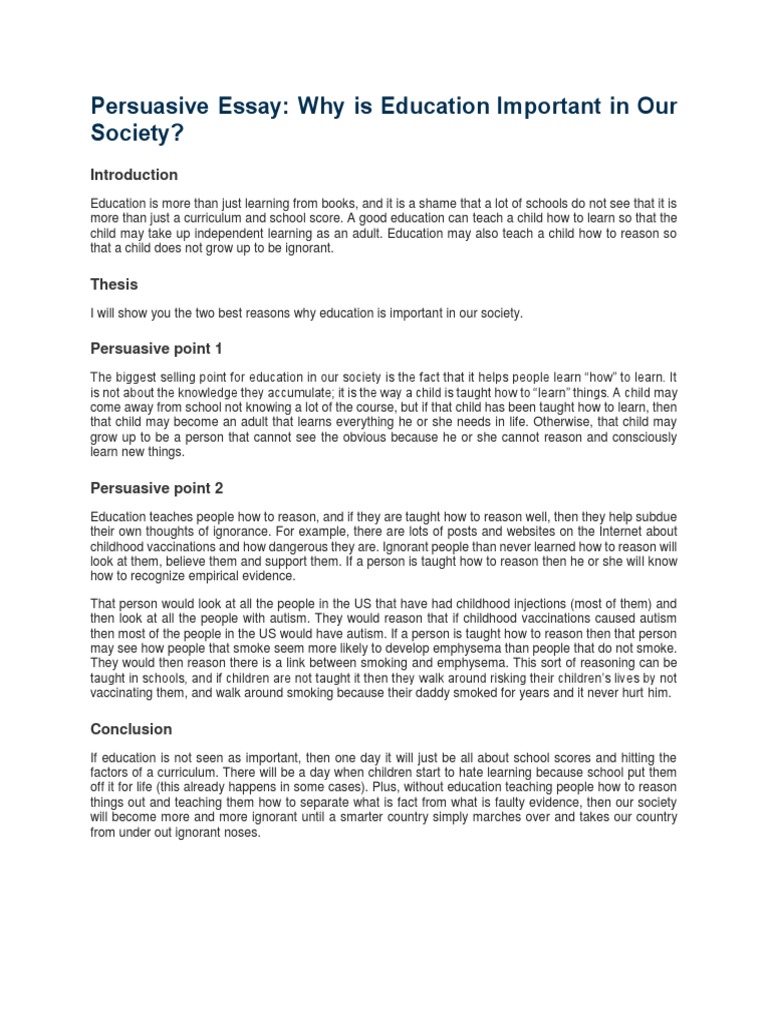 Persuasive Essay: Why Is Education Important in Our Society? | PDF ...
