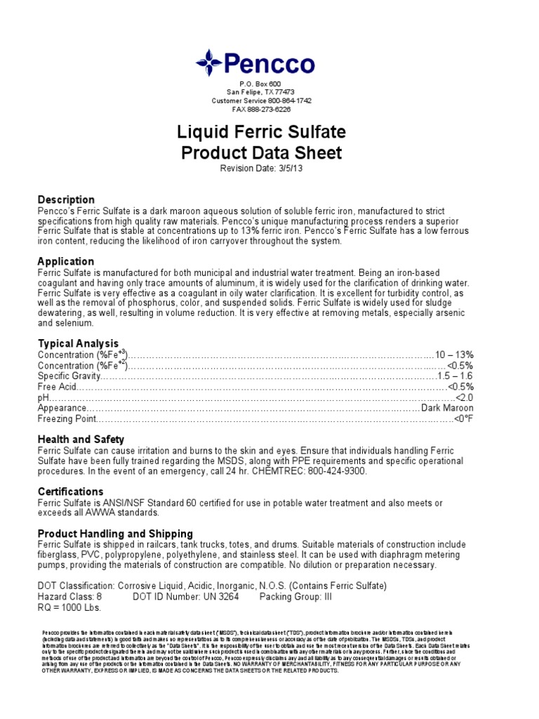 Liquid Ferric Sulfate Product Data Sheet: Description | PDF | Iron ...