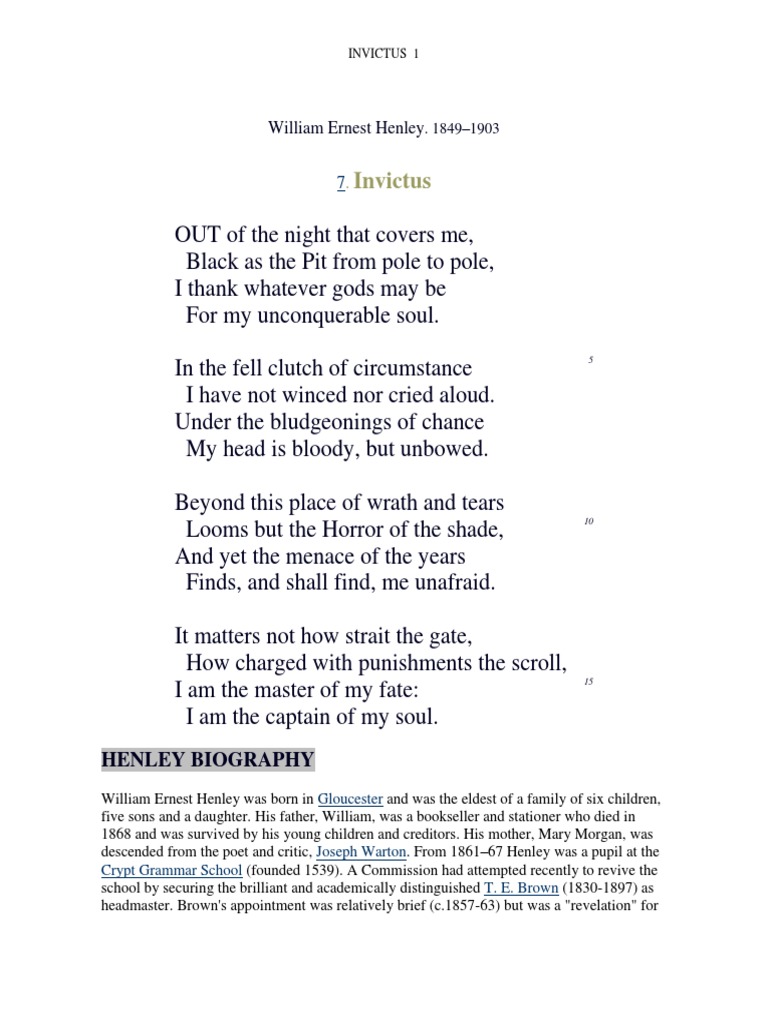 Invictus: Analysis of Henley's Iconic Poem | PDF | Poetry