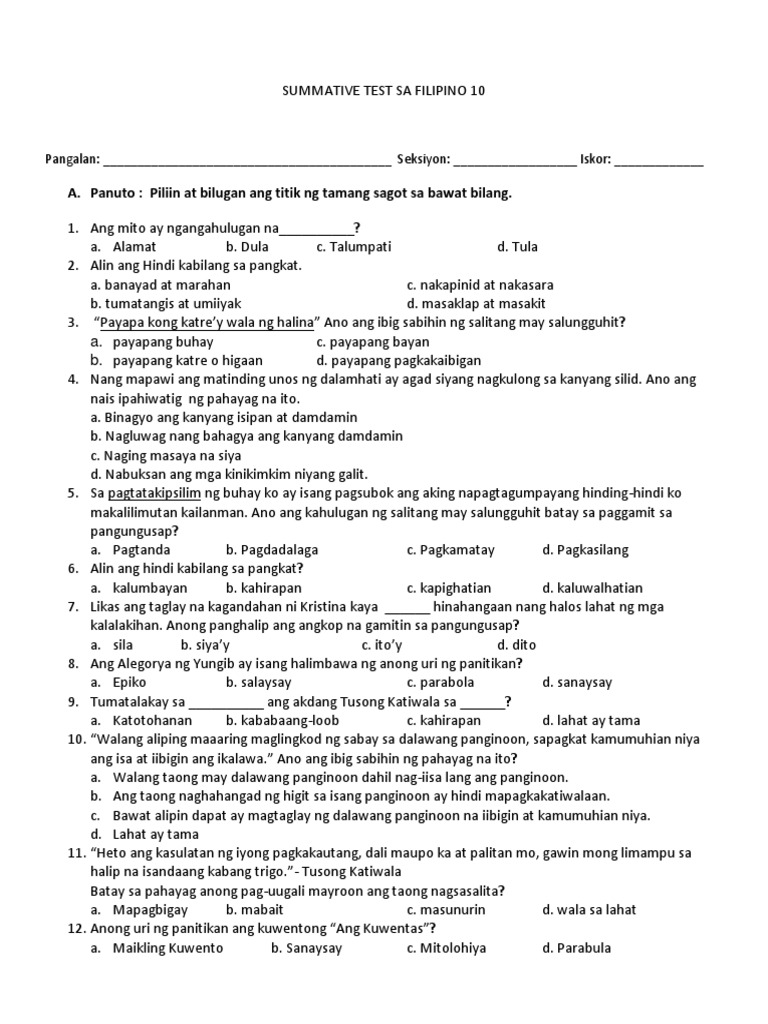 Summative Test Sa Filipino 10 | PDF