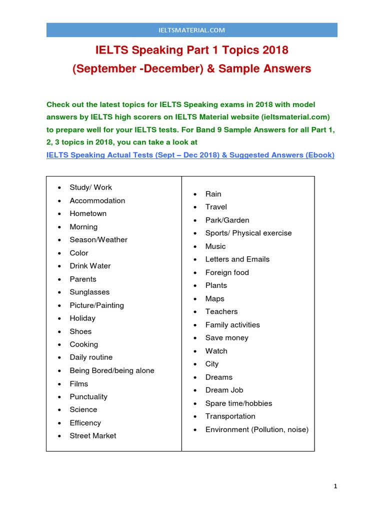 (Ieltsmaterial - Com) IELTS Speaking Part 1 Topics 2018 | PDF ...