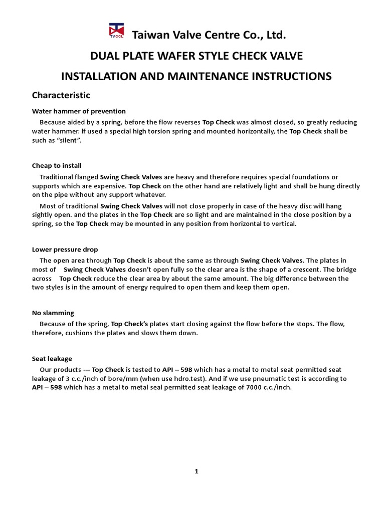 Dual Plate Wafer Style Check Valve Installation Instructions EN PDF ...