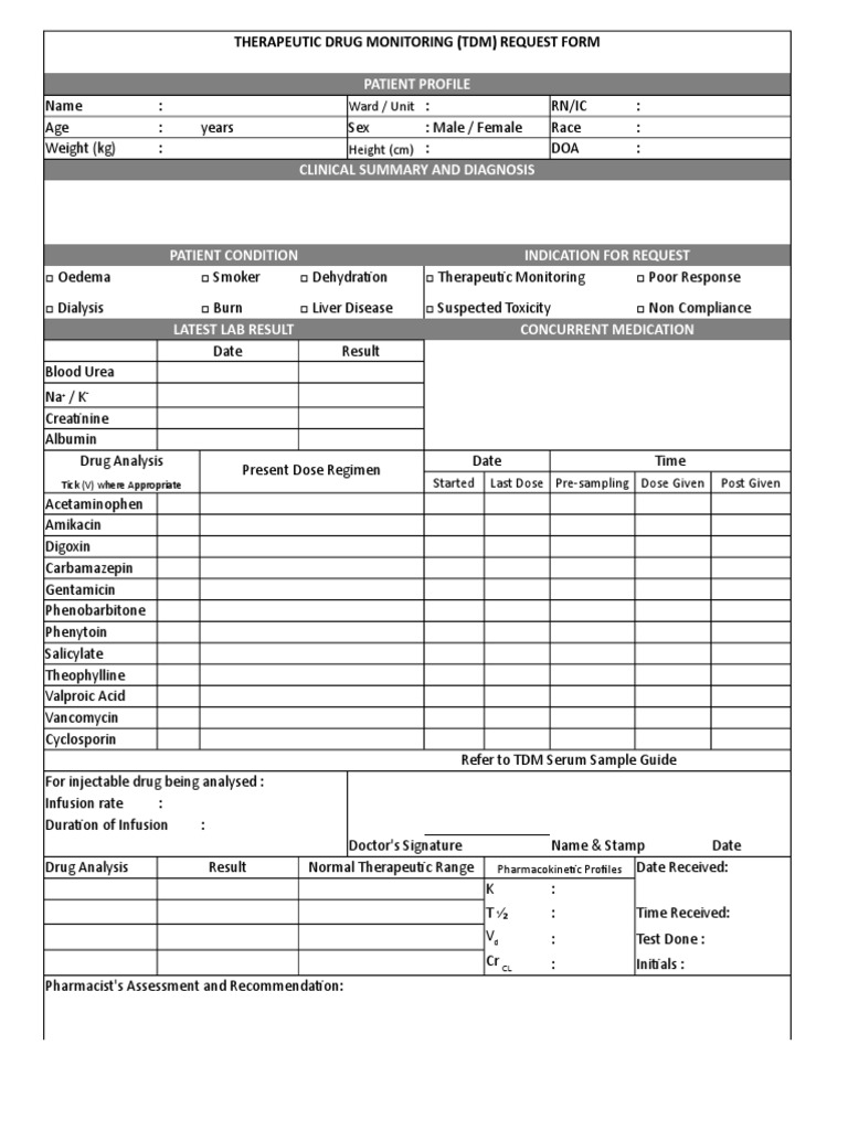 TDM Request Form | Download Free PDF | Dose (Biochemistry) | Chemistry