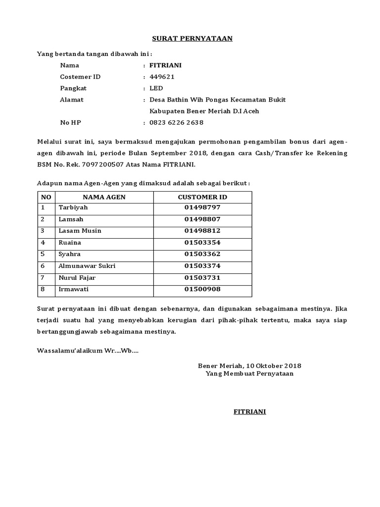 Surat Pernyataan Bonus Fitri | PDF