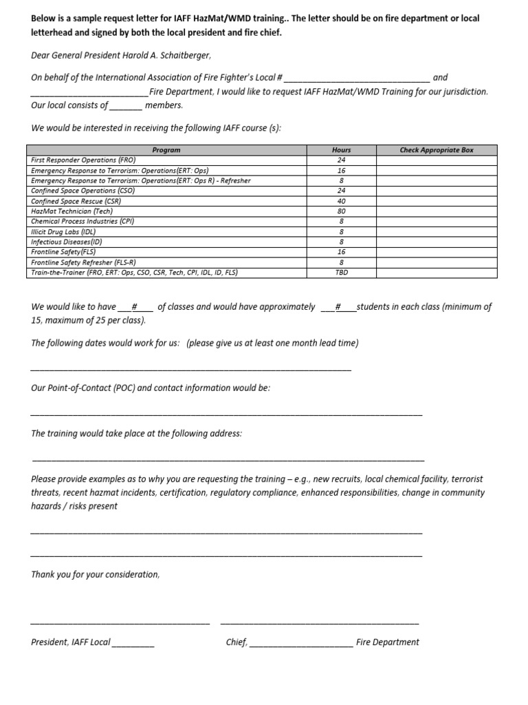 IAFF HazMat/WMD Training Request Letter | PDF | Dangerous Goods | Hazards