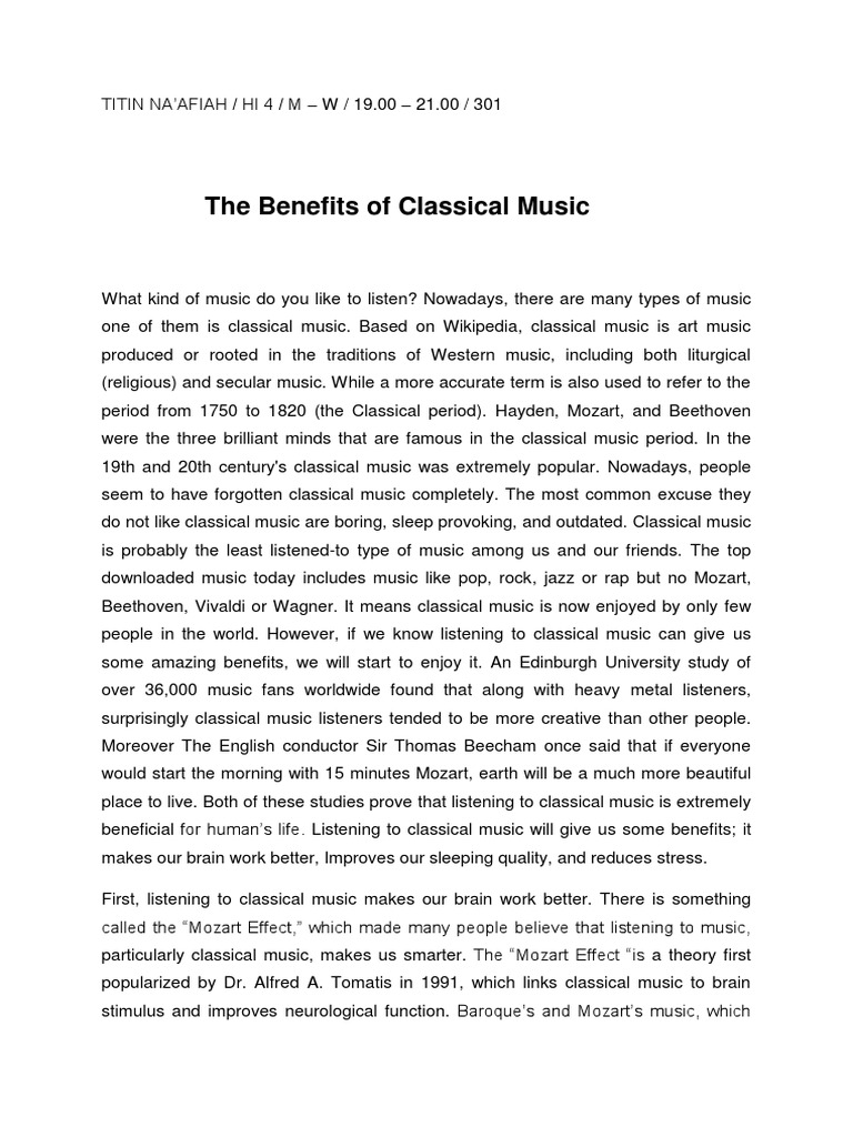 The Benefits of Classical Music | PDF | Sleep | Stress (Biology)