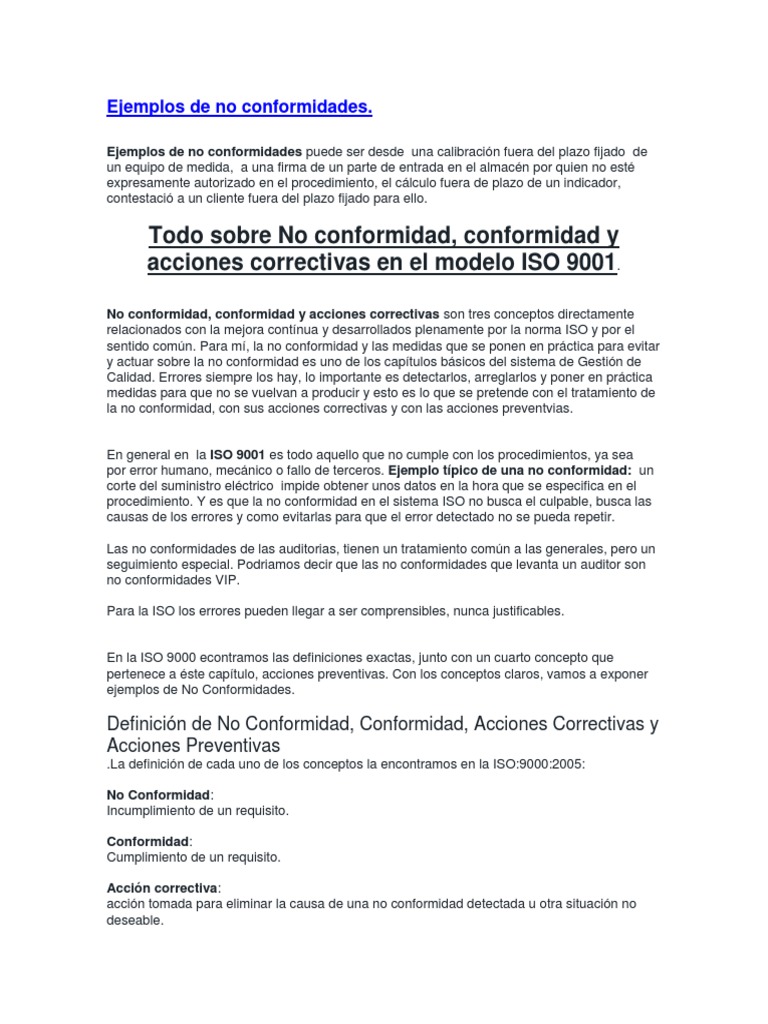 Ejemplos de No Conformidades ISO 9001 | PDF | Gestión de la calidad ...