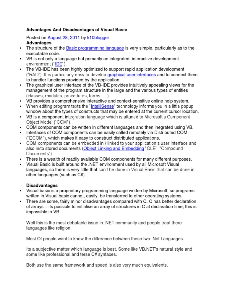 August 28, 2011 K10blogger Basic Programming Language: Advantages and Disadvantages of Visual ...