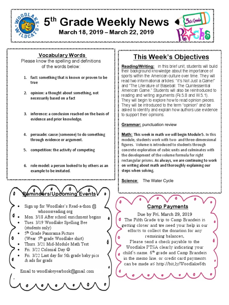 5 Grade Weekly News: March 18, 2019 - March 22, 2019 | PDF | Teaching ...