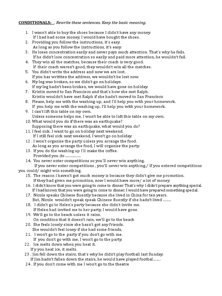 CONDITIONALS: - Rewrite These Sentences. Keep The Basic Meaning | PDF