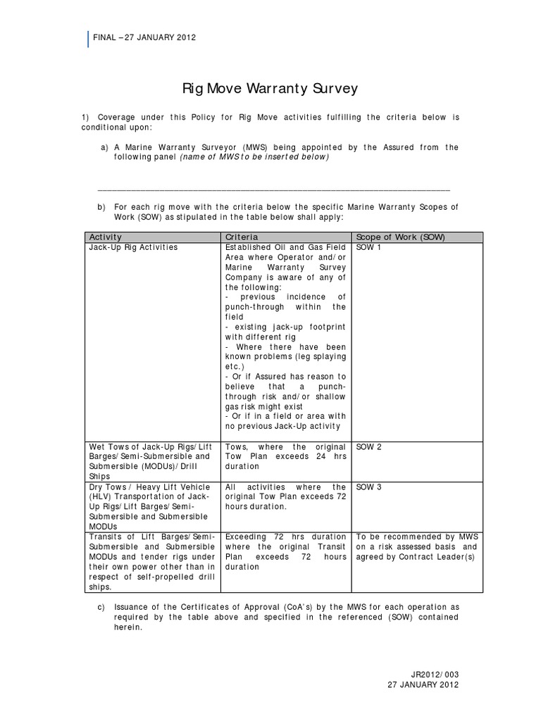 Rig Move Warranty Survey: Activity Criteria Scope of Work (SOW) | PDF ...