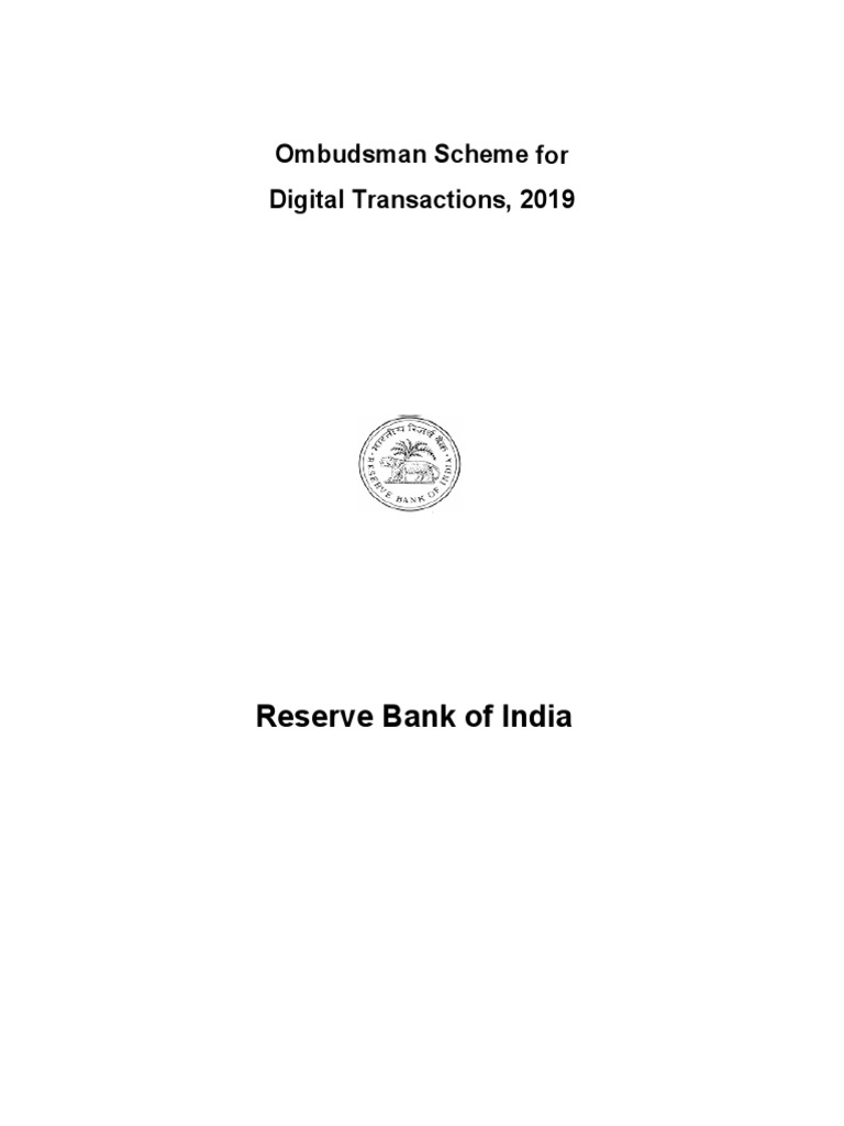 Reserve Bank of India: Ombudsman Scheme For Digital Transactions, 2019 ...