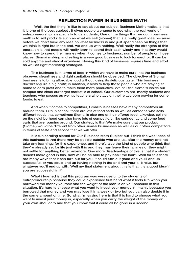 Business Math Reflection on Siomai Sales | PDF | Cognition | Economies