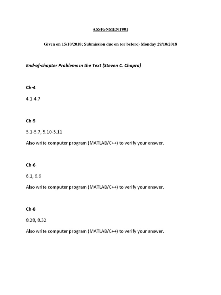 End-Of-Chapter Problems in The Text (Steven C. Chapra) : Assignment#01 | PDF