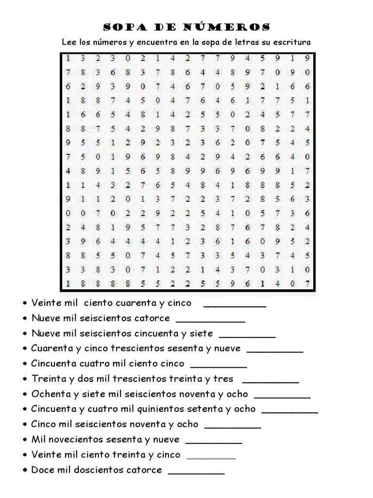Encontrando la escritura de números en una sopa de letras | PDF