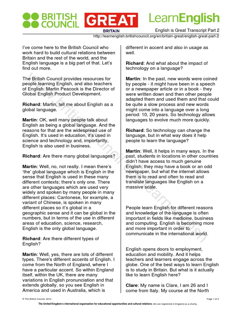 English Is Great - Transcript Part 2 PDF | PDF | United Kingdom ...