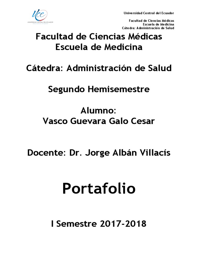 Carátula PORTAFOLIO Administración de Salud UCE Dr. Jorge Albán V | PDF ...
