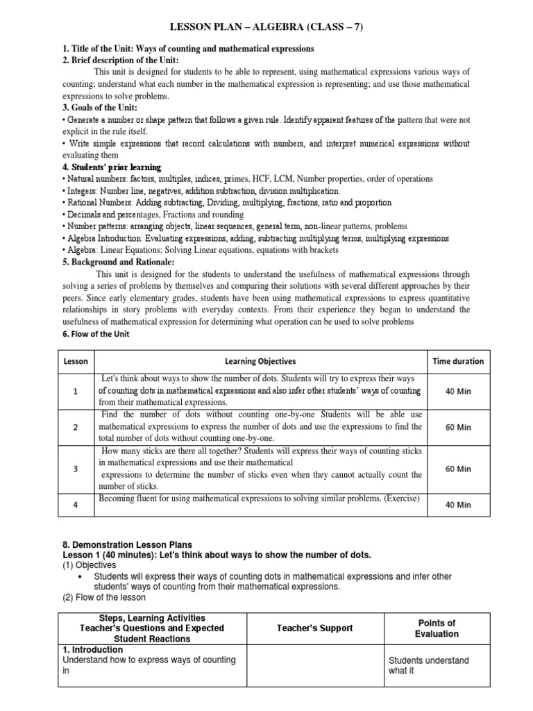 Algebra - Lesson Plan | PDF | Numbers | Fraction (Mathematics)