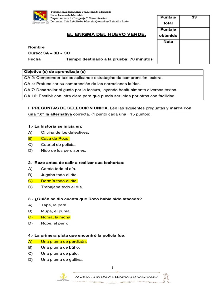 Prueba EL ENIGMA DEL HUEVO VERDE - BRUTO Y RESPUESTAS | PDF