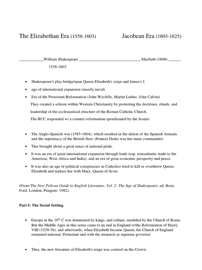 The Elizabethan Era Jacobean Era: Part I: The Social Setting | PDF ...