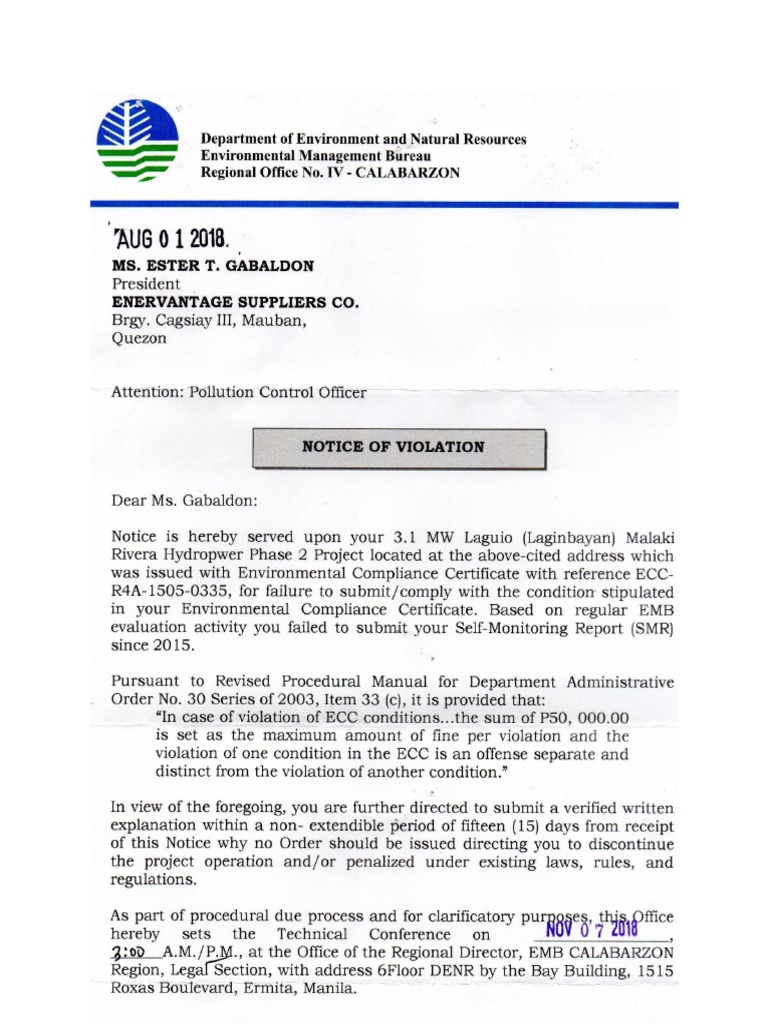 Mini Hydro Notice of Violation DENR | PDF