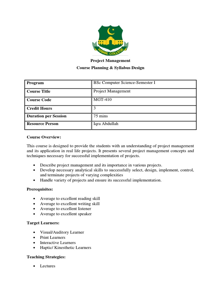MGT 410-Project Management Course Outlines | PDF | Project Management ...